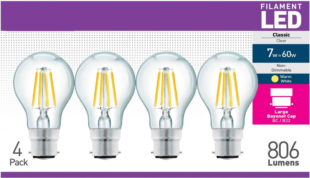 7w=60w GLS Filament LED Warm White BC Light Bulb Pack Of 4 – Harrison ...
