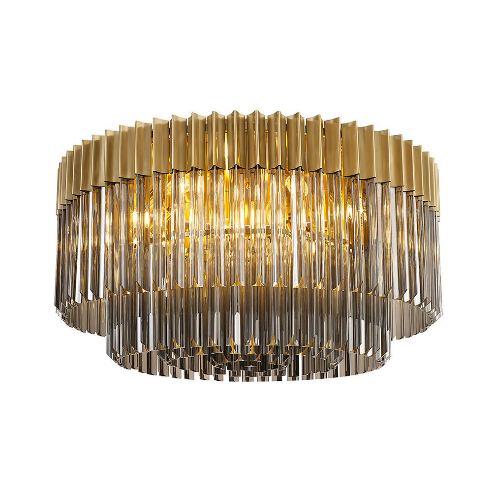 12 Light Flush Ceiling Light in Brass finish with Smoked Sculpted Glas ...